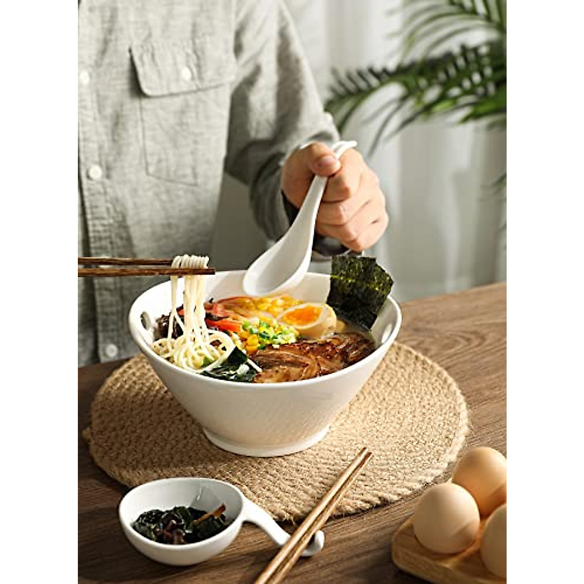 Sweese 148.201 Porcelain 35oz Ramen Bowl Set of 2 with Chopsticks & Spoons & Dipping Dishes, Large Bowls for Udon/Soba/Pho/Noodles/Ramen/Salad/Soup - White, Unique Design