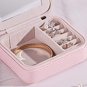 AN207 Jewelry Box with Mirror Zipper PU Leather Travel Earrings Ring Storage Case Necklace Bracelet Girl Gift Small Jewelry (Color : Pink)