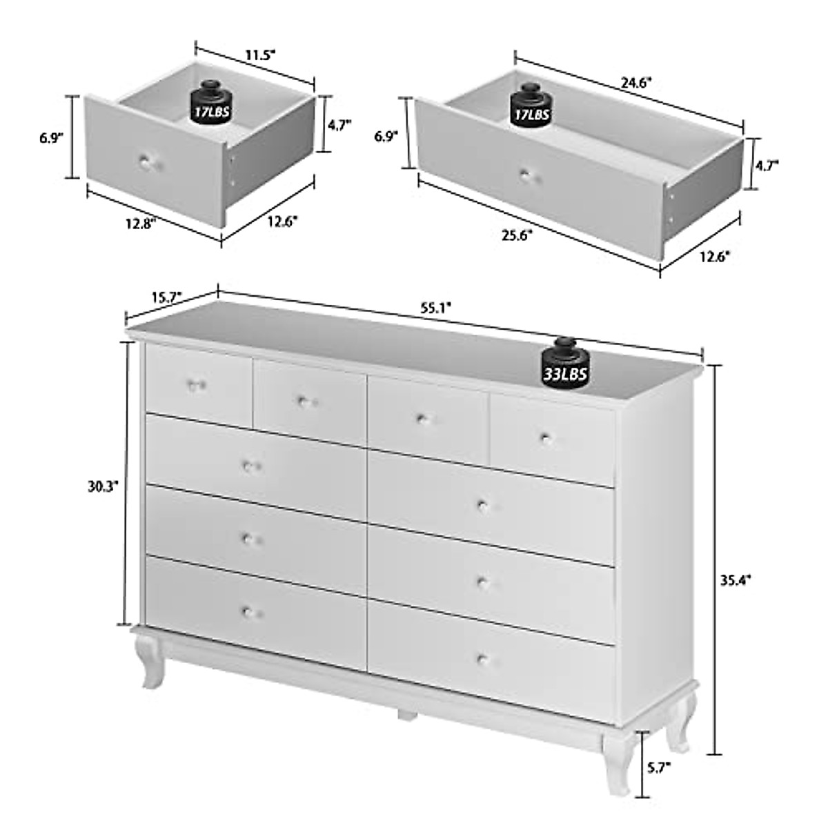 Homsee 10 Drawer Double Dresser with Stylish Carved Legs, Modern Wood Dresser Chest of Drawers with Large Storage Space for Bedroom, White (55.1”W x 15.7”D x 35.4”H)