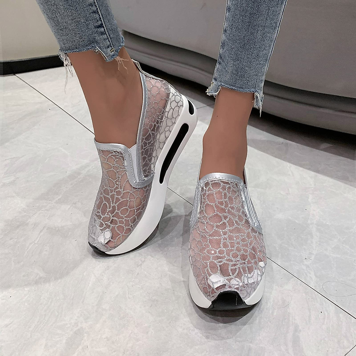 Hbeylia High Heeld Wedge Sneakers for Women Fashion Embroidery Floral Mesh Air Comfort Hidden Chunky Sole Slip On Loafers Breathable Walking Work Shoes with Arch Support for Casual and Daily Wear