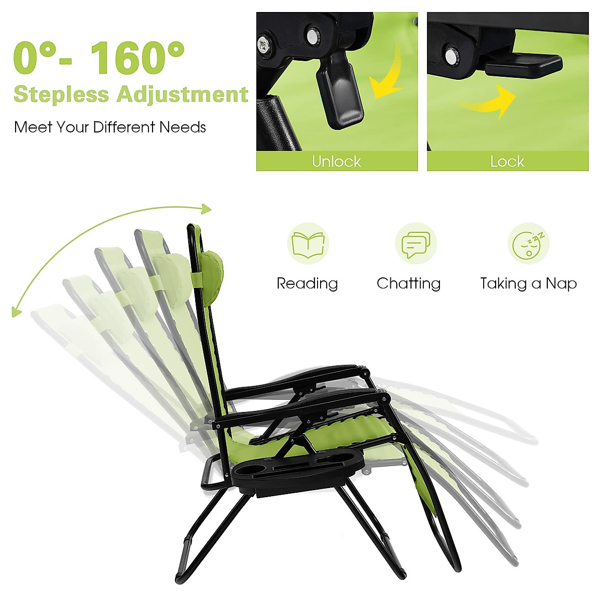Goplus Zero Gravity Lounge Chairs, 160°Adjustable Folding Recliner w/Pillow and Cup Holder, 350LBS Comfy Outdoor Lounge Chairs for Patio, Lawn, Yard & Camp(1, Green)