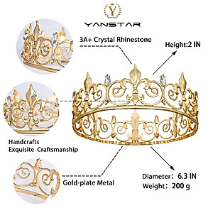 yanstar Gold King Crowns for Men, Metal Royal Prince Crown and Tiaras for Birthday Prom Party Hats Costume