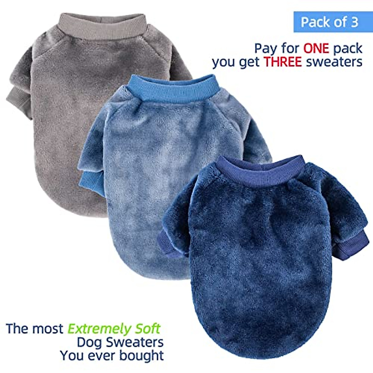 Dog Sweater, Pack of 2 or 3, Dog Clothes, Dog Coat, Dog Jacket for Small or Medium Dogs Boy or Girl, Ultra Soft and Warm Cat Pet Sweaters (Large, Grey,Blue,Dark Blue)