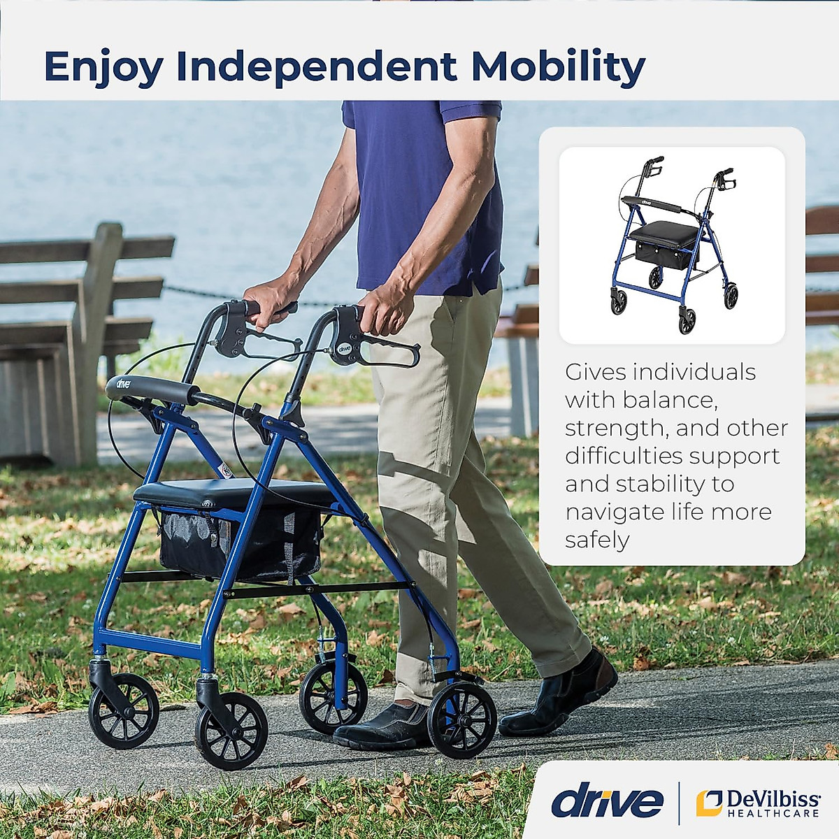 Drive Medical Aluminum Rollator Walker Fold Up and Removable Back Support, Padded Seat, 6" Wheels, Blue,R726BL