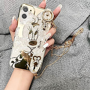 Hosiss Cartoon Case for iPhone 14 Pro Max 6.7" with HD Screen Protector, Minnie Mouse with Wrist Strap Kickstand Metal Chain Strap Soft TPU Shockproof Protective for Girls Women