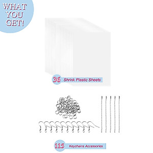 Warckon 151 Pieces Shrink Plastic Sheet Kit Include 36 PCS Shrinky Art Paper with 115 PCS Keychains Accessories for Kids Creative Craft