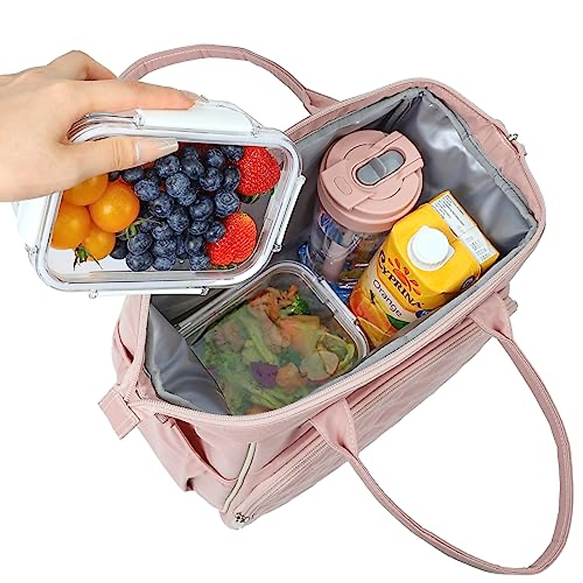 FINDCOZY Insulated Lunch Bag for Women, Cute Lunch Box, Reusable Cooler Bag with Removable Shoulder Strap and Side pockets for Work or Picnic, Pink