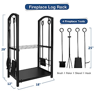Delxo Fireplace Rack Indoor with 4 pcs Fireplace Tools Fire Pits Tools for Outdoor Log Holder Wood Stove Accessories Black Fireplace Log Rack Wrought Iron Logs Bin Holder for Fireplace Tool Set