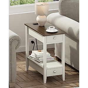 Treocho Farmhouse End Table with Charging Station, Narrow Side Table with Storage, 2-Drawer Nightstand with USB Ports & Power Outlet, White Sofa Bedside Table for Small Spaces, Living Room, Bedroom