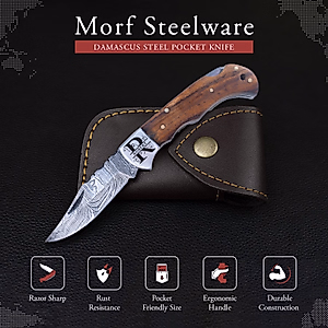 Morf Steelware Customized Damascus Steel Pocket Knife Handmade Folding Knives Small Pocket Knife for Outdoor, Camping, Hiking Back Lock Blade Made of Damascus Steel