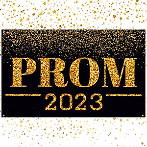 Prom 2023 Banner Graduation Prom Party Decorations Supplies Large Congrats Banner Photo Backdrop Graduation Prom Banner Hanging (Black, Gold)