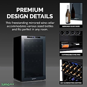 Luma Comfort Shadow Series Wine Cooler Refrigerator 33 Bottle Dual Temperature Zones, Freestanding Mirrored Wine Fridge with Double-Layer Tempered Glass Door & Compressor Cooling,Black