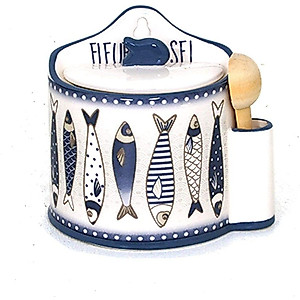Fleur De Sel Fish Design Ceramic Salt Box with Wooden Spoon