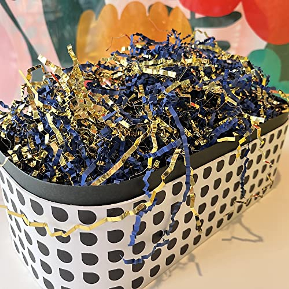 Crinkle Cut Paper Shred Filler (1/2 LB) for Valentine's Day Gifts Craft DIY's Packaging, Navy Blue & Gold Shredded paper for Gift Box, Wrapping & Basket Filling for Christmas, Halloween & Wedding Decorations (Navy Blue & Gold)