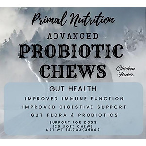 Primal Nutrition Probiotics for Dogs - Digestive Enzymes for Gut Flora, Digestive Health, Diarrhea & Bowel Support - Dog Supplement Soft Chew for Pet Immune System - Chicken