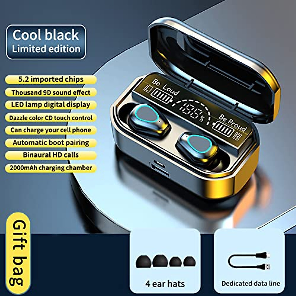 Wireless Bluetooth Headset, Low Latency, Active Noise Reduction, with LED Display Charging Case, 2000mah Large Capacity Charging Box, Can Charge The Phone, for Sport, Gaming