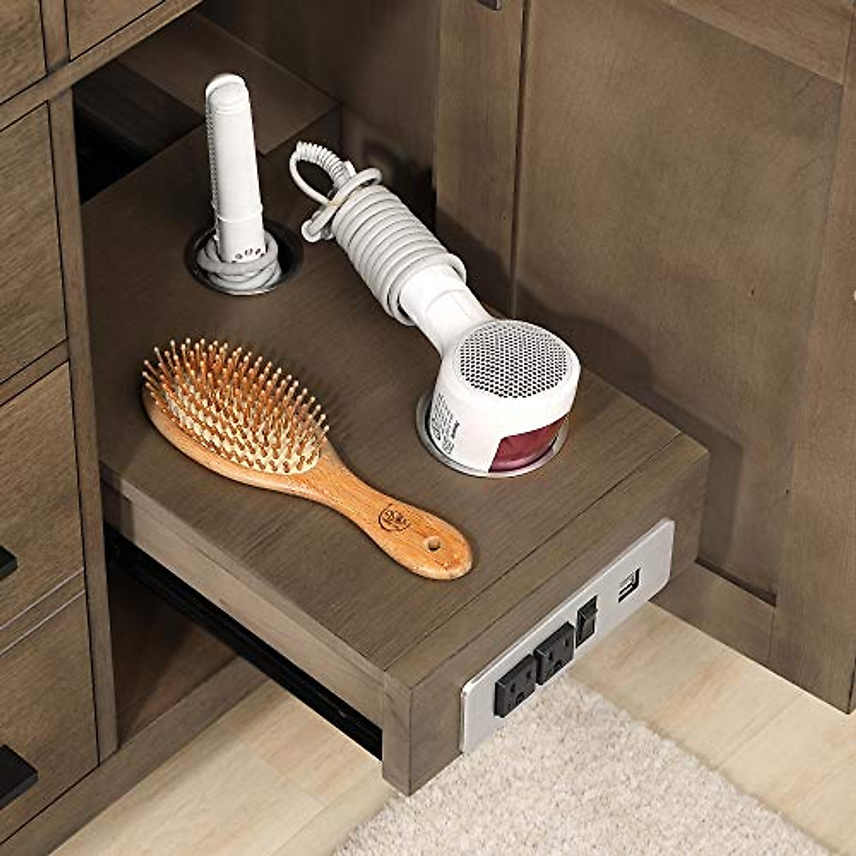 OVE Decors Maya Plus 42 in. Single Sink Bathroom Vanity in Almond Latte Finish, Black Hardware and Included Power Bar
