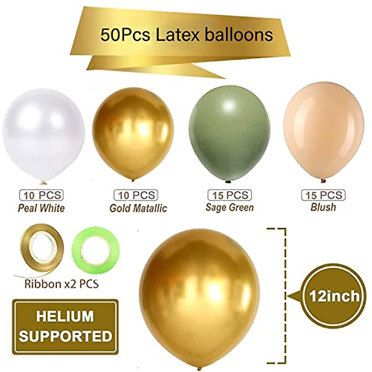 Sage Green Gold White Latex Balloons,50 Pcs 12 Inch Green and blush Gold Party Balloons For Birthday Baby Shower Engagement Wedding Anniversary Party Decorations