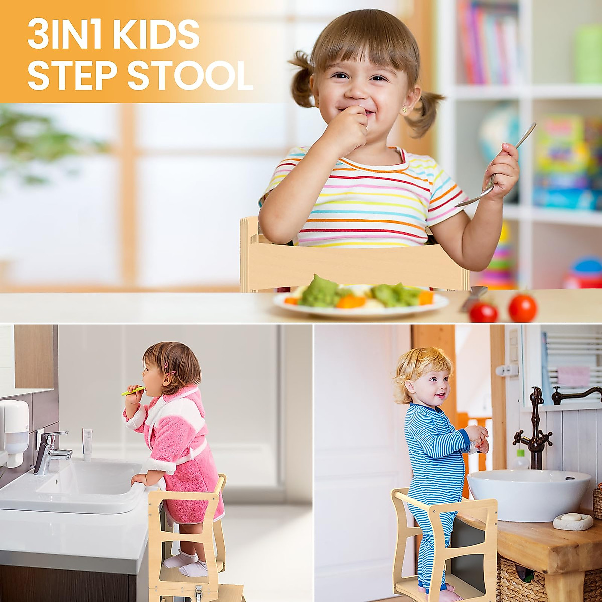 Toddler Tower, Kitchen Stool Helper for Toddlers, Learning Wooden Tower with Chalkboard and Backrest, 3 in 1 Kitchen Standing Tower, Foldable Weaning Table with Safety Rail, Step Stool Montessori