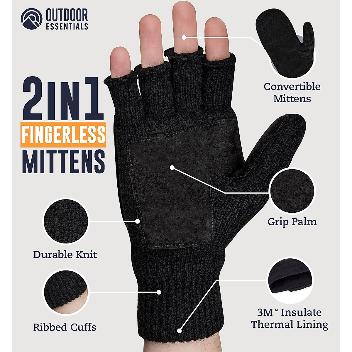 OutdoorEssentials Fingerless Winter Gloves Convertible Mittens for Men & Women - Warm Knit Flip Top Wool Mitten Gloves