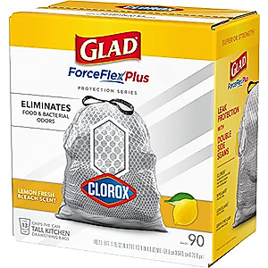 GLAD ForceFlexPlus Tall Kitchen Trash Bags, 13 Gallon Trash Bags for Tall Kitchen Trash Can, Lemon Fresh Bleach Scent to Eliminate Odors, 90 Count (Package May Vary)