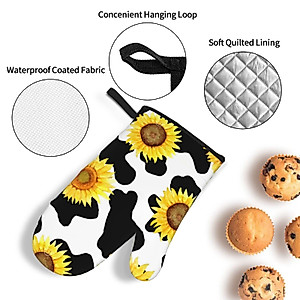Black Cow Skin Sunflower Oven Mitts and Pot Holders Sets of 4,Non-Slip Heat Resistant Oven Gloves for Baking Cooking Grilling BBQ