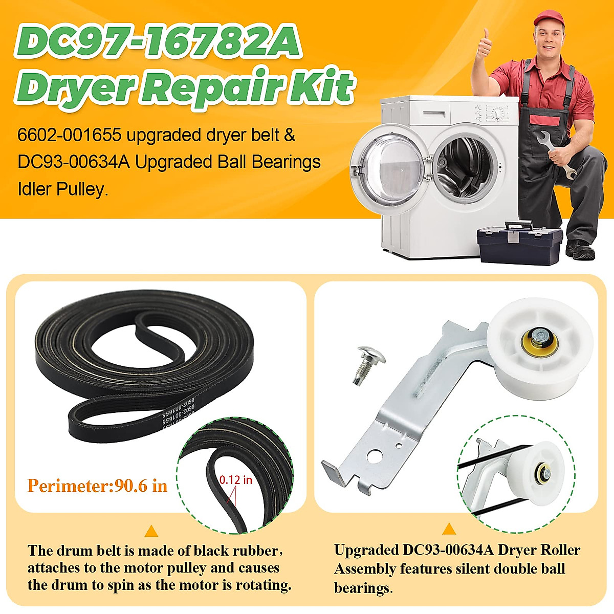 Dryer Repair Kit Fit for Samsung DV42H5000EW/A3 DV45H7000EW/A2 DV48H7400EW/A2 DV42H5200EP/A3 DV40J3000EW/A2, Includes DC97-16782A Samsung Dryer Roller, 6602-001655 Dryer Belt, DC93-00634A Idler Pulley