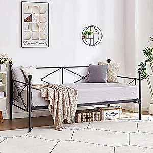 VECELO Classic Metal Daybed Frame Multifunctional Mattress Foundation/Bed Sofa with Headboard, Twin, Black