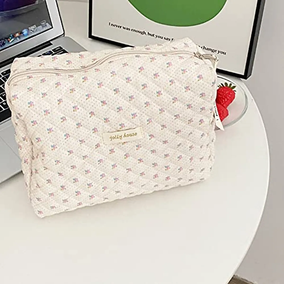 Lushandy Kawaii Floral Makeup Bag Coquette Aesthetic Cosmetic Bag Large Travel Makeup Organizer Cute Pouch Cotton Quilted Toiletry Bag