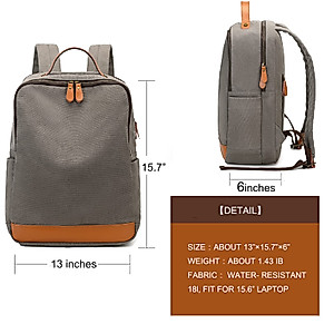 Shaelyka Canvas Laptop Backpack for Women & Men, Water-resistant Travel Backpacks Lightweight, Fit for 15.6 inches Laptop, Grey