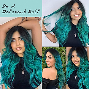 Lativ Long Wavy Wig for Women Ombre Green Middle Part Wigs Teal Wigs Long Curly Synthetic Heat Resistant Hair with Natural Hairline for Cosplay Party Everyday Use