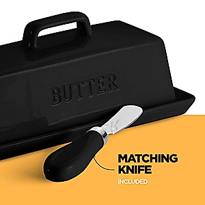 Ceramic Butter Dish Set with Lid and Knife - [Black]- Decorative Butter Stick Holder with Handle for 1 Stick of Butter - Microwave Safe, Dishwasher Safe - Anti-Scratch Stickers Included.
