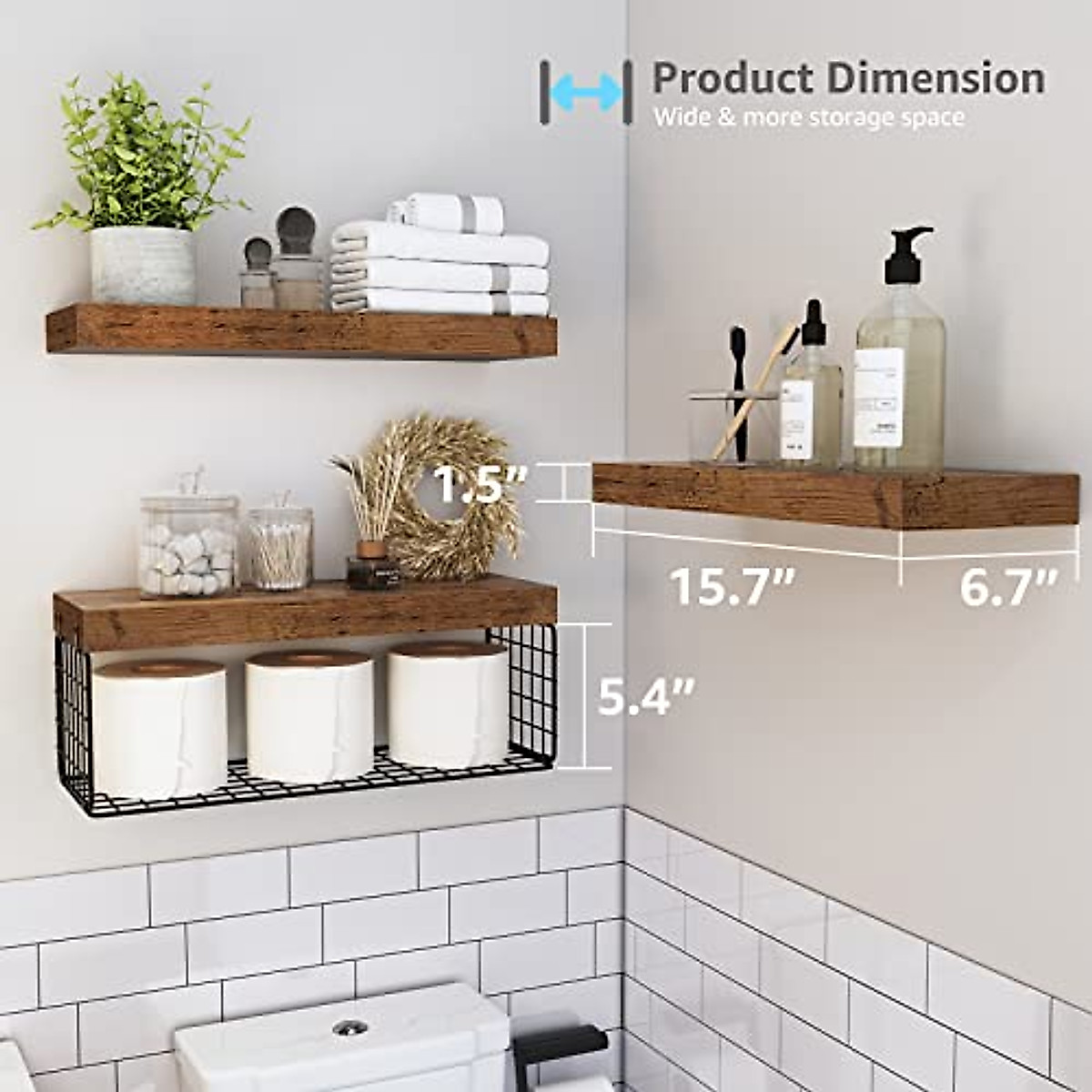 QEEIG Bathroom Shelves Over Toilet Wall Mounted Floating Shelves Farmhouse Shelf Toilet Paper Holder Small 16 inch Set of 3, Rustic Brown