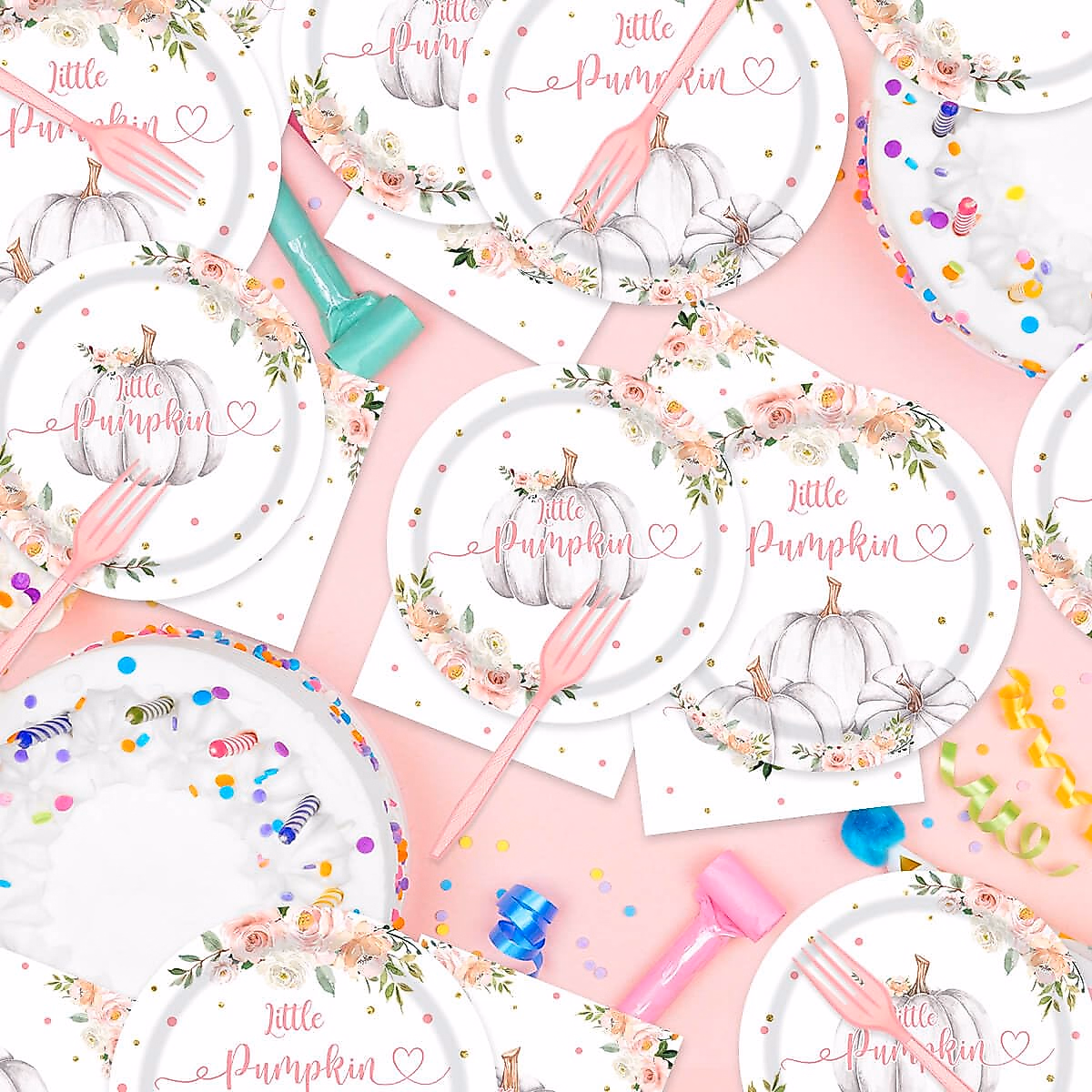 96PCS Pumpkin Baby Shower Party Tableware Set Floral Pink and Gold Girl Little Pumpkin baby Shower Party Supplies Disposable Dinnerware Plates Napkins Forks Serves 24 Guests