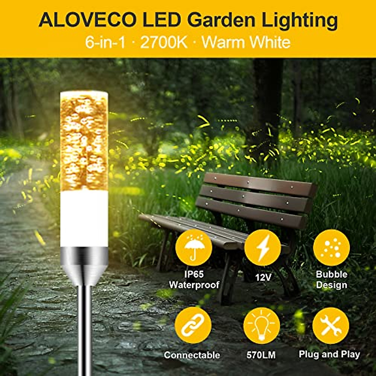 ALOVECO LED Path Lights Outdoor 6 Pack Extendable LED Garden Pathway Lights Acrylic Bubble Waterproof Low Voltage Landscape Lighting for Patio Lawn Yard Driveway Walkway 570lm, 2700K Warm White