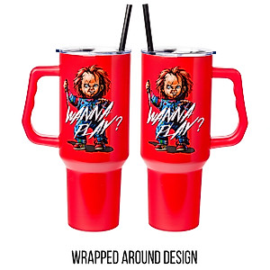 Silver Buffalo Chucky Wanna Play Stainless Steel Tumbler with Handle and Straw, Fits in Standard Cup Holder, 40 Ounces