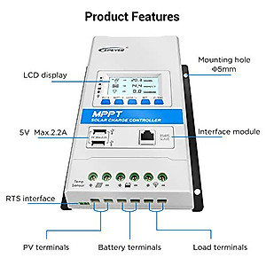 EPEVER 40A MPPT Solar Charge Controller 12V/24V Auto Solar Panel Charge Regulator with LED&LCD Display Double USB Port and MT50 Remote Meter Temperature Sensor RTS & PC Communication Cable RS485