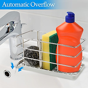 Sponge Holder for Kitchen Sink,304 Stainless Steel Kitchen Sink Organizer Sink Tray Drainer Rack Hanging Adjustable Panel Brush Sink Caddy Soap Holder for Countertop Or Wall Stick with Auto Overflow