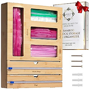 SWILLT - Premium Bamboo Ziplock Bag Organizer for Kitchen Drawer Organizer or Pantry Wall [Exclusive 3 Layer Top Design] -Integrated 2 in 1 Aluminum Foil and Plastic Wrap Dispenser with Cutters- The Perfect Deals/ Holiday Organization Gift