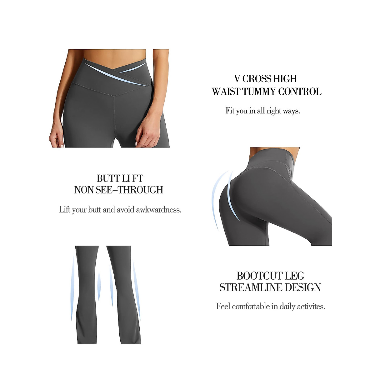 VICUR Women's Flare Yoga Pants V Crossover High Waisted Yoga Pants Non See Through Bootleg Yoga Leggings Grey-XS