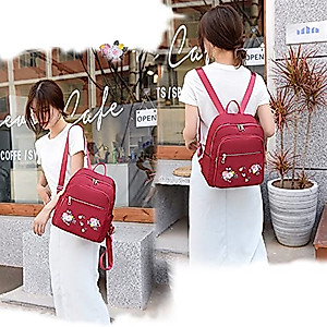 ZEHO Women Cute Mini Nylon Backpack Purse Casual Lightweight Small Daypack for Girls Embroidered Floral Backpack, Red, One Size, (0026-01Z)