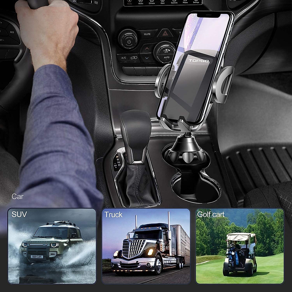 TOPGO Car Cup Holder Phone Mount, Adjustable, Fits iPhone 14 Pro Max/13/xs/11/8plus/6s/samsung Galaxy S10/S9+/S8 Plus/S7 Edge/Note9, Black