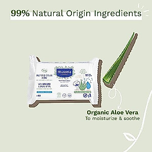 Mustela Baby Water Wipes with Organic Cotton & Aloe Vera - For Face & Body - Fragrance Free - Made with Compostable, Plastic Free & Biodegradable Fibers - EWG Verified - 60 ct.