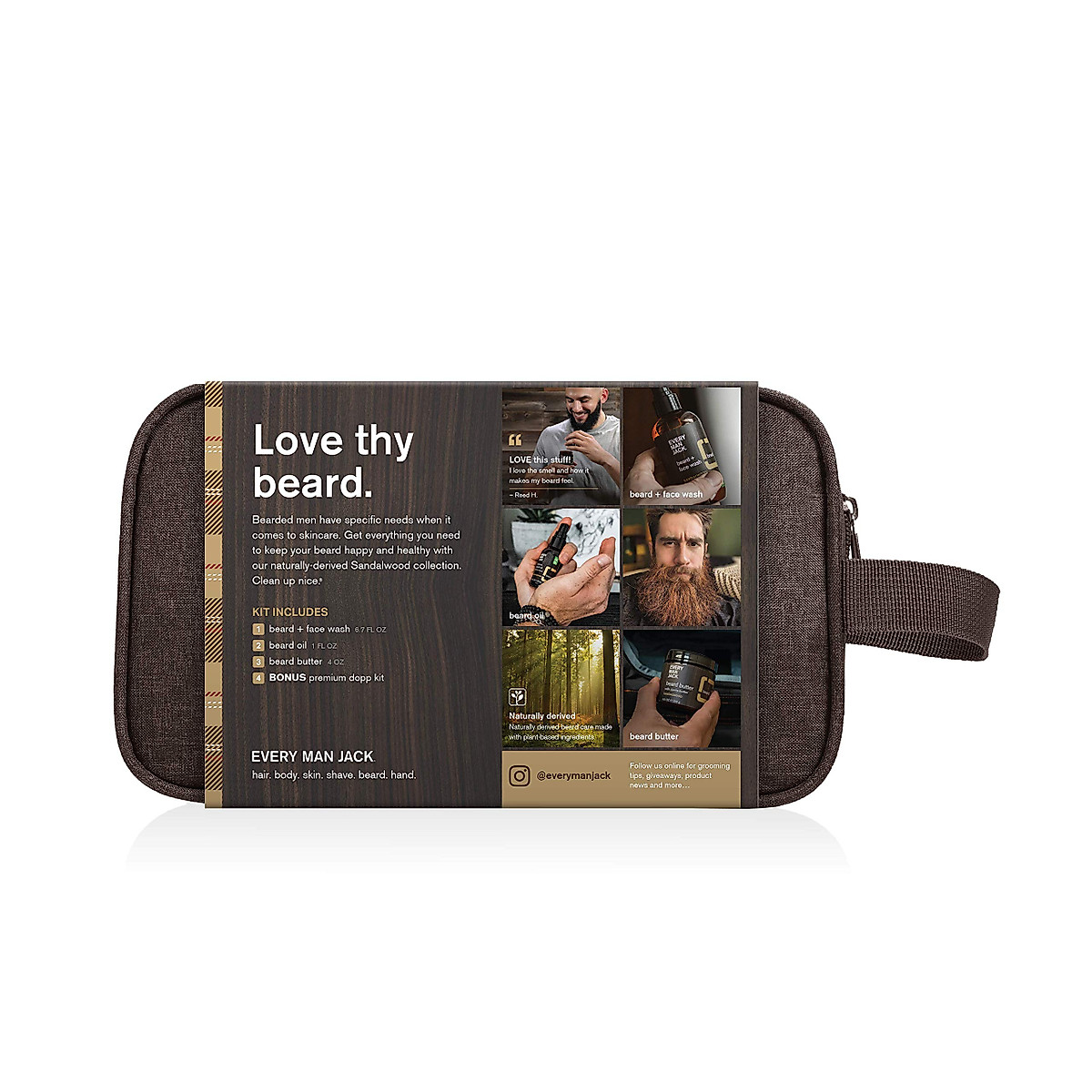 Every Man Jack Mens Sandalwood Beard Set - Perfect for Every Guy - Includes Full-Sized Grooming Essentials - Beard + Face Wash, Beard Oil, Beard Butter + Dopp Bag