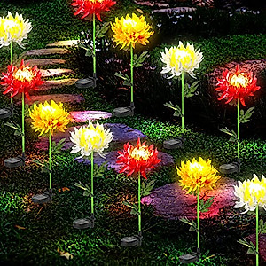 12 Pcs Solar Flower Lights Waterproof Garden Outdoor Chrysanthemum Lights Led Decorative Flowers Stake Light for Home Backyard Pathway Patio Yard Walkway Porch Fences Decorations, Yellow Red White