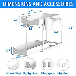 SUPPNEED 2 Pack Under Sink Organizers and Storage, 2-Tier Double Sliding Pull-out Drawer, Multi-purpose Under Sink Organizer for Kitchen and Bathroom with 4 Hooks, 2 Hanging Cup,White