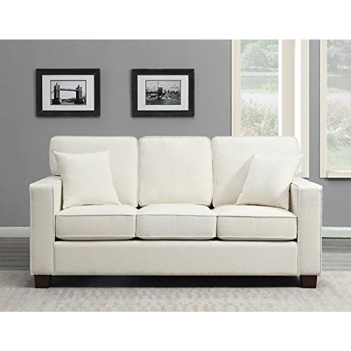 OSP Home Furnishings Russell 3 Seater Sofa with 2 Pillows and Coffee Finished Legs, Ivory
