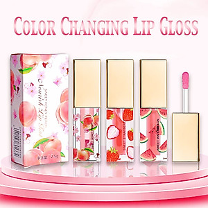 evpct 3Pcs Peach Strawberry Watermelon Mini Clear Color Change Changing PH Tinted Lip Gloss Balm Set for Women Girls Lip Oil Gloss Tint Stain Glaze Pack bulk labiales magicos brillos para labios