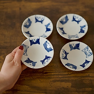 LOVE LOVE JAPAN Japanese Cat Design Ceramic Small Plates - Set of 4 - Great for Sushi, Dips, & Desserts, Cat Quintet