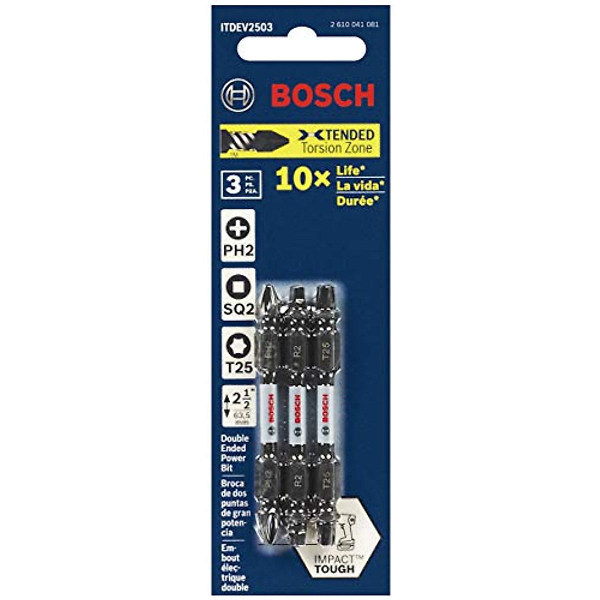 BOSCH ITDEV2503 3-Piece 2-1/2 In. Impact Tough Screwdriving Double-Ended Screwdriving Bits Mixed Set Including PH2, SQ2, T25 Bits